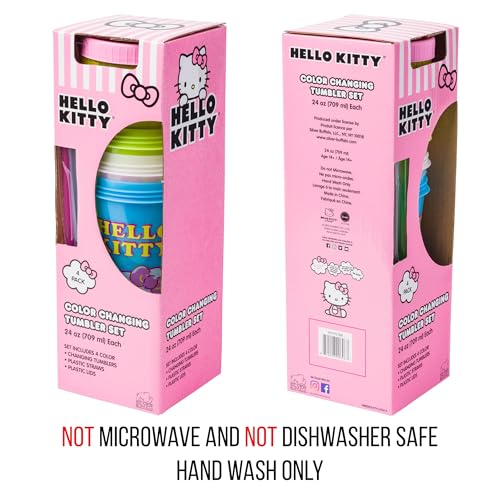 Silver Buffalo Sanrio Hello Kitty Summertime Gardening 4-Pack Color Changing Plastic Tumblers Includes Lid and Straw, 24 Ounces