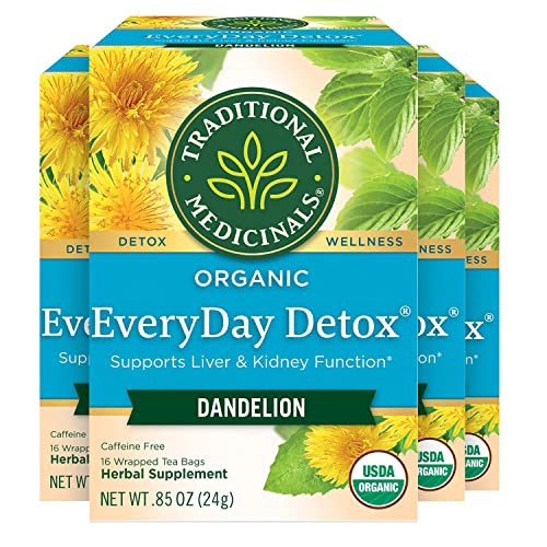 Traditional Medicinals Organic EveryDay Detox Dandelion Herbal Tea, Supports Liver & Kidney Function, (Pack of 4) - 64 Tea Bags Total