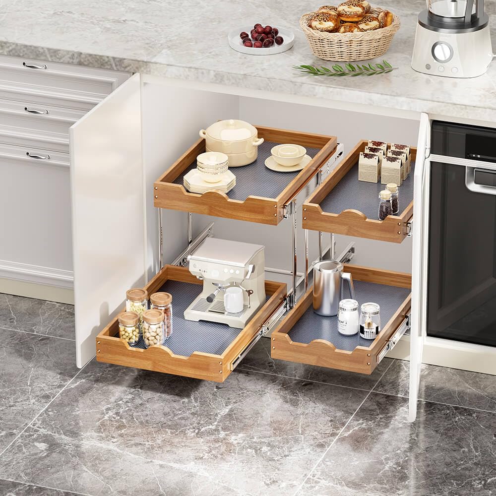 OCG Pull Out Drawers For Cabinets 14" W x 21" D, 2 Tier Heavy-Duty Slide out Wood Drawer Shelf, Pull Out Drawer for Cabinets, Base Cabinet Organization for Kitchen, Pantry, Bathroom