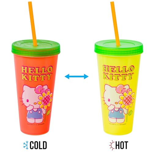 Silver Buffalo Sanrio Hello Kitty Summertime Gardening 4-Pack Color Changing Plastic Tumblers Includes Lid and Straw, 24 Ounces