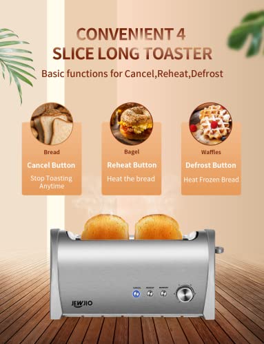Long Slot Toaster 4 Slice, Stainless Steel Retro Toasters Best Rated Prime with 1.25" Extra Wide Slot and Defrost/Reheat/Cancel Function/6 Browning Settings/Removable Crumb Tray/Evenly Toasting, 1300W