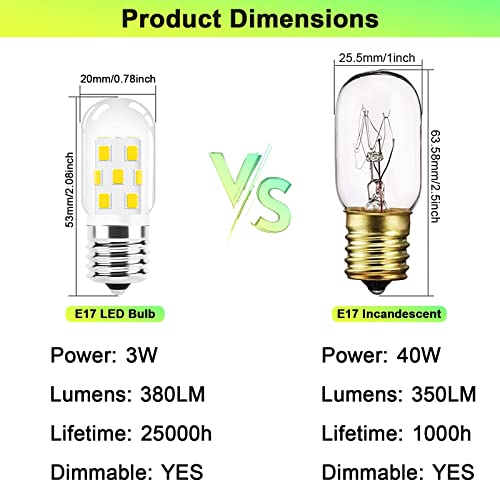 LED Microwave Light Bulb Over Stove Appliance 8206232A 40W Incandescent Equivalent, E17 LED Bulb Dimmable for Refrigerator, Range Hood, 3W 380LM Warm White 3000K, T7 Intermediate Base, Pack of 2