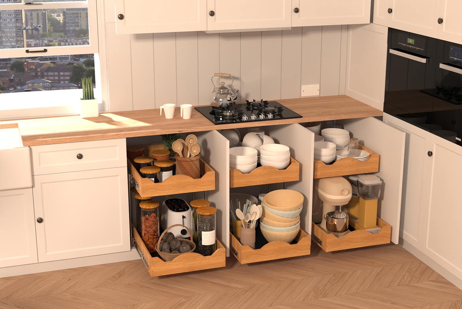 OCG Pull Out Drawers For Cabinets 14" W x 21" D, 2 Tier Heavy-Duty Slide out Wood Drawer Shelf, Pull Out Drawer for Cabinets, Base Cabinet Organization for Kitchen, Pantry, Bathroom