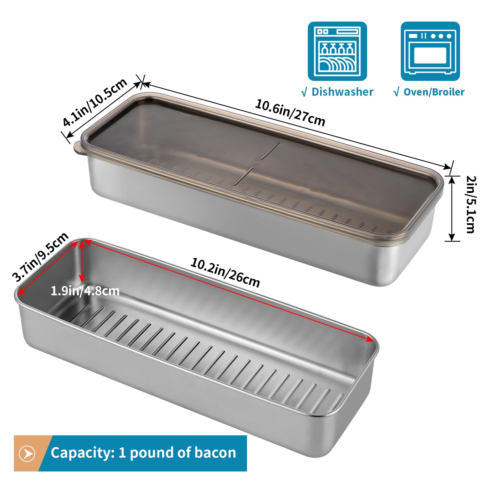 Sanbege 2 Pcs Bacon Containers with Airtight Lids, 304 Stainless Steel Deli Meat Keeper, Stackable Food Storage Boxes for Refrigerator, Saving Lunch Ham, Spaghetti, Asparagus, Celery