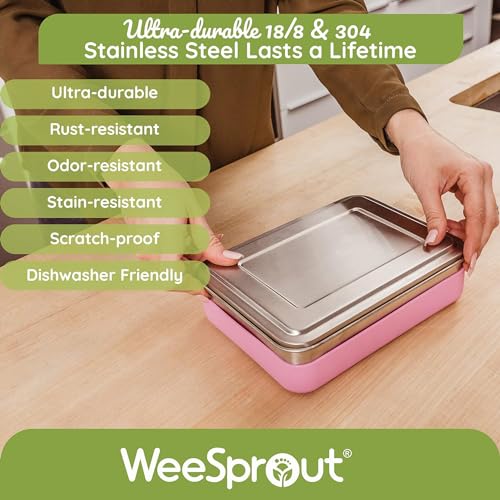 WeeSprout 18/8 Stainless Steel Bento Box (Large) - 3 Compartment Metal Lunch Box, Skid-proof Silicone, for Kids & Adults, Bonus Dip Container, Fits in Lunch & Work Bags, Dishwasher & Freezer Friendly