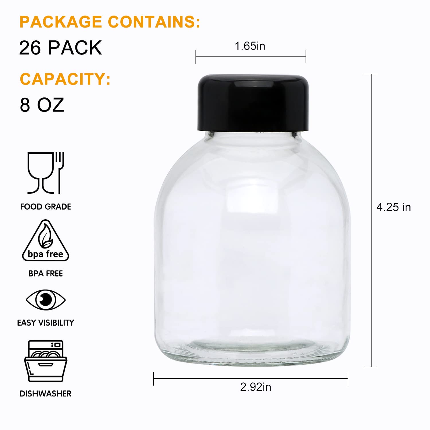 Accguan 8oz Reusable Glasses Bottles Clear Disposable Containers with Black Caps Food Grade Bottles for Juice, Milk and Other Beverages, Set of 26