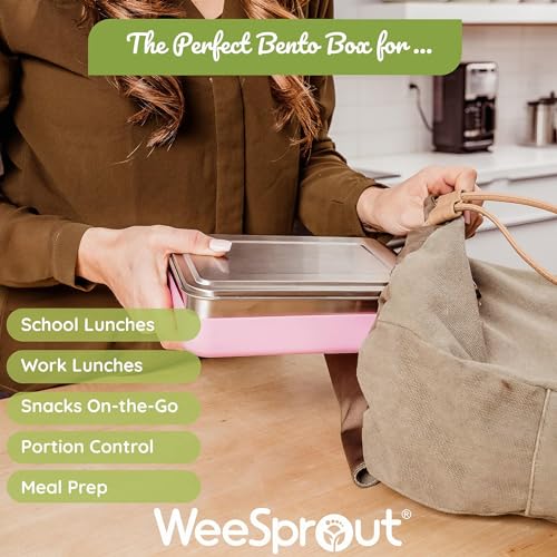 WeeSprout 18/8 Stainless Steel Bento Box (Large) - 3 Compartment Metal Lunch Box, Skid-proof Silicone, for Kids & Adults, Bonus Dip Container, Fits in Lunch & Work Bags, Dishwasher & Freezer Friendly