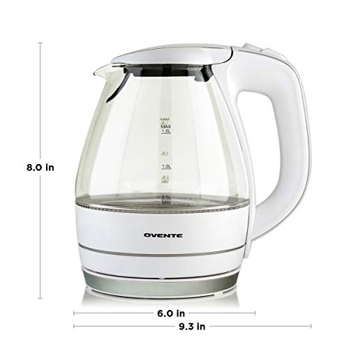Ovente Portable Electric Glass Kettle 1.5 Liter with Blue LED Light and Stainless Steel Base, Fast Heating Countertop Tea Maker Hot Water Boiler with Auto Shut-Off & Boil Dry Protection (White)