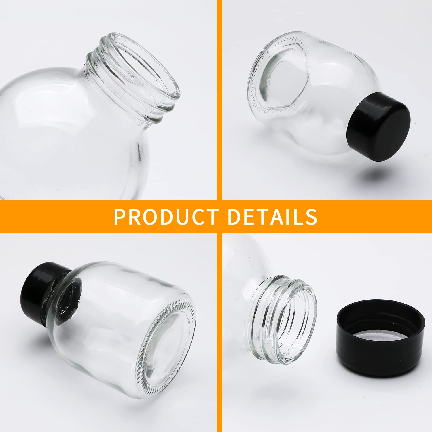 Accguan 8oz Reusable Glasses Bottles Clear Disposable Containers with Black Caps Food Grade Bottles for Juice, Milk and Other Beverages, Set of 26