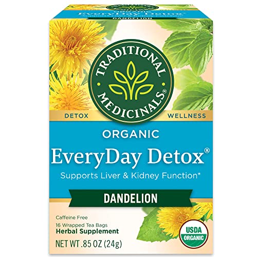 Traditional Medicinals Organic EveryDay Detox Dandelion Herbal Tea, Supports Liver & Kidney Function, (Pack of 4) - 64 Tea Bags Total