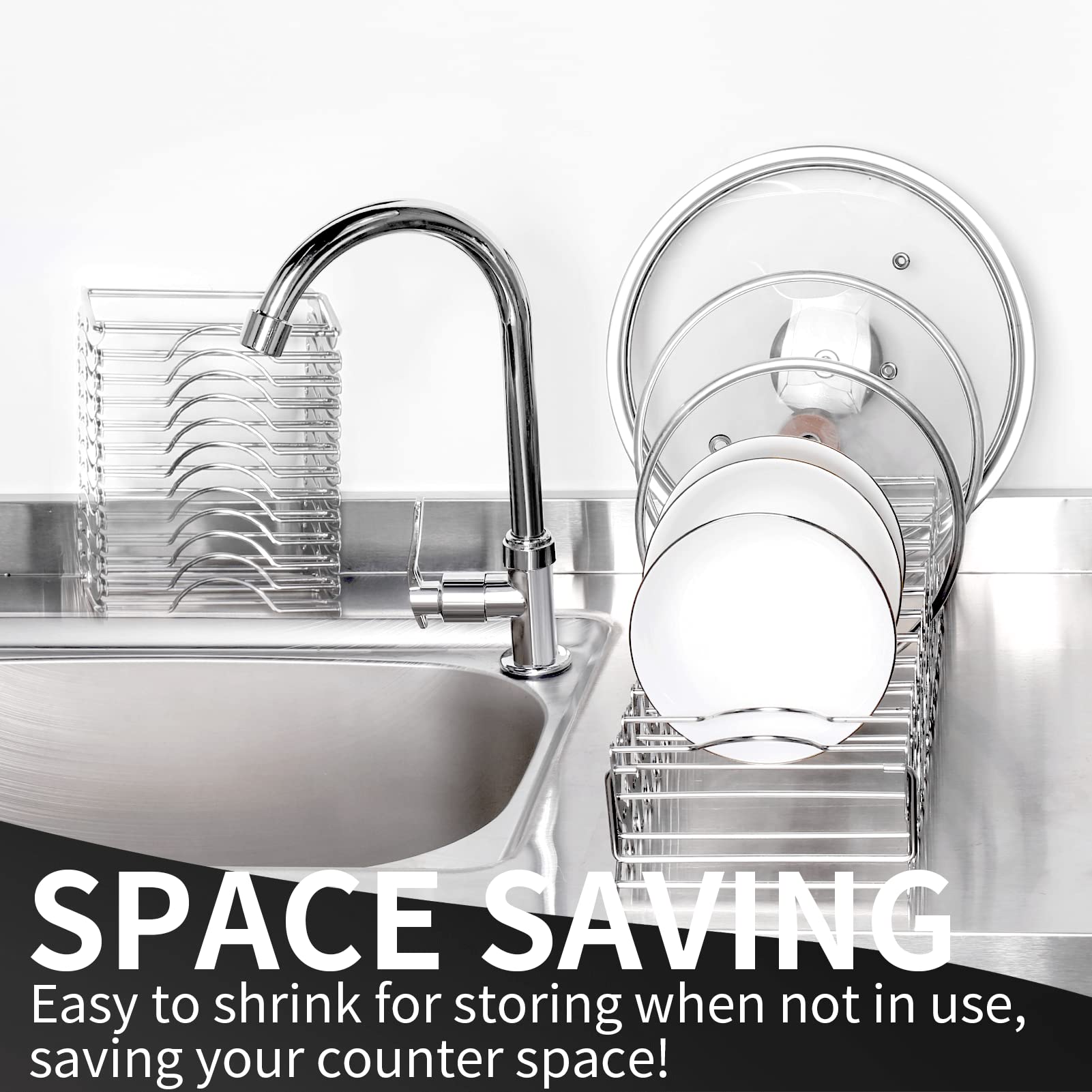 YYP Small Dish Drying Rack Expandable Dish Drying Rack Over The Sink, Plate Organizer for Cabinet or Countertop, Premium 304 Stainless Steel, Rustproof, for Kitchen, Small Space, RV