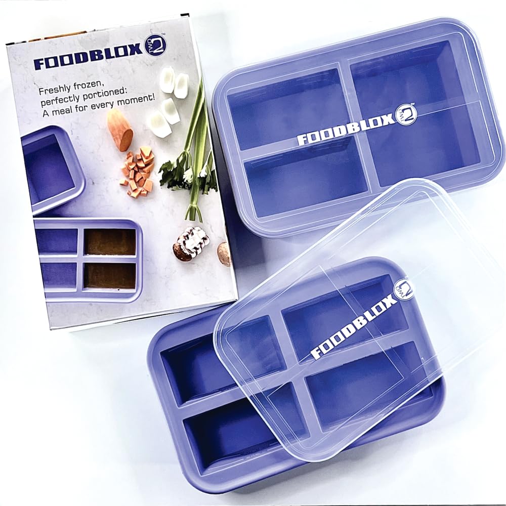 FOODBLOX by TWO2s 2 pk Silicone Freezer Molds with Lid. 3 & 4 Cavity Silicone Container. For Food Storage Cubes, Soup Cubes, Freezer Meal Containers, Silicone Baby Food Freezer Storage Tray