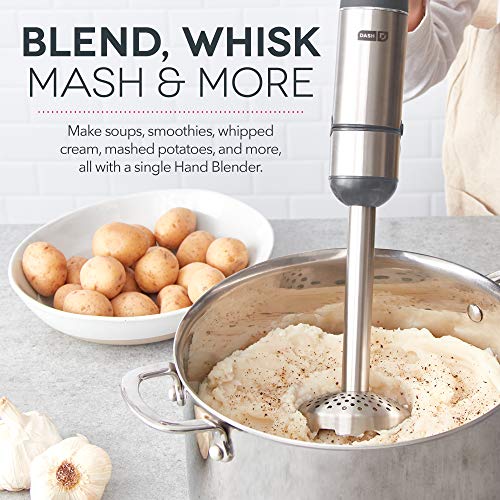 Dash Chef Series Deluxe Immersion Hand Blender, 5 Speed Stick Blender with Stainless Steel Blades, Dough Hooks, Food Processor, Grate, Mash, Slice, Whisk Attachments and Recipe Guide โ Cool Grey