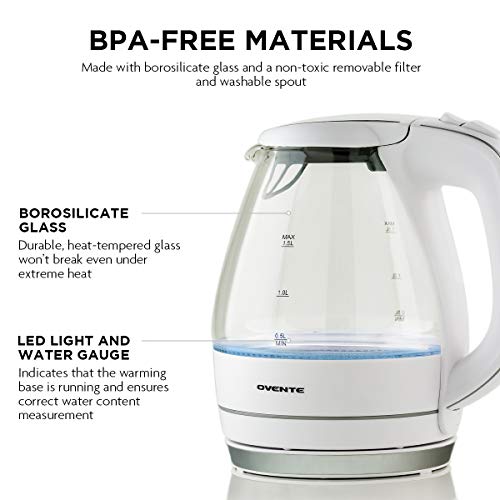 Ovente Portable Electric Glass Kettle 1.5 Liter with Blue LED Light and Stainless Steel Base, Fast Heating Countertop Tea Maker Hot Water Boiler with Auto Shut-Off & Boil Dry Protection (White)