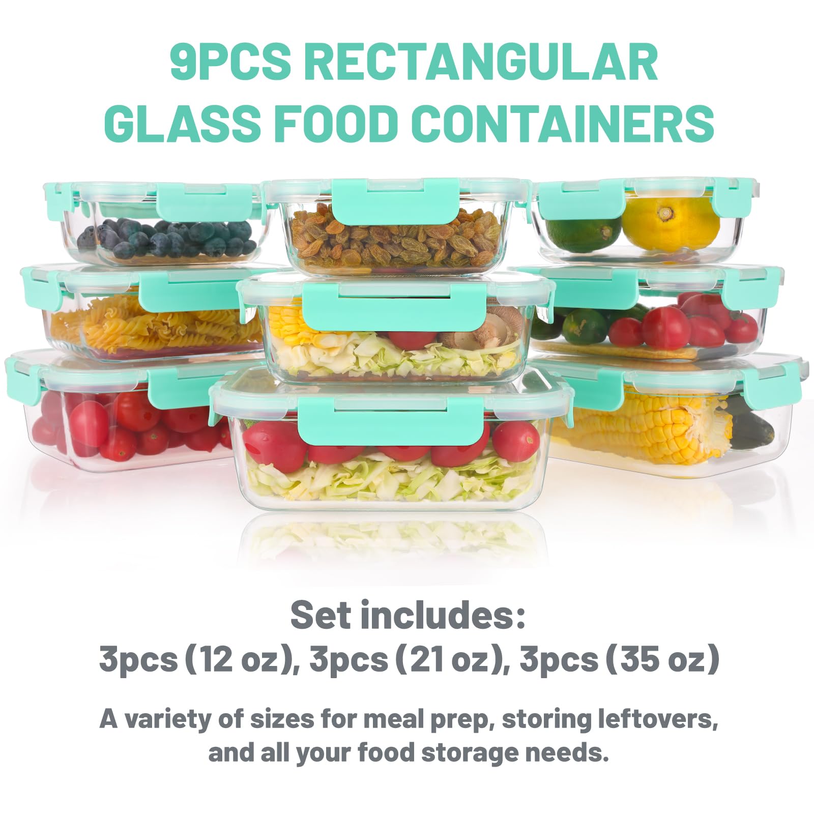 Moretoes Glass Food Storage Containers, 9pcs, Glass Meal Prep Containers, Glass Airtight Leakproof Containers Set, Glass Storage Containers with Lids