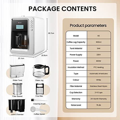 HAUSWIRT Coffee Maker with Grinder, Grind and Brew Coffee Maker with LCD Display, Automatic Drip Coffee Machine with Grind Size and 2 to 6-Cup Settings, Compatible for Bean Ground Coffee and Tea