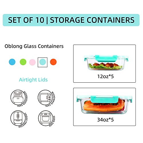 YANGNAY 10 Pack Glass Food Storage Containers with Airtight Lids, Leak-Proof Meal Prep Containers with Lids, Dishwasher/Microwave/Oven/Freezer Safe (Mint Green)