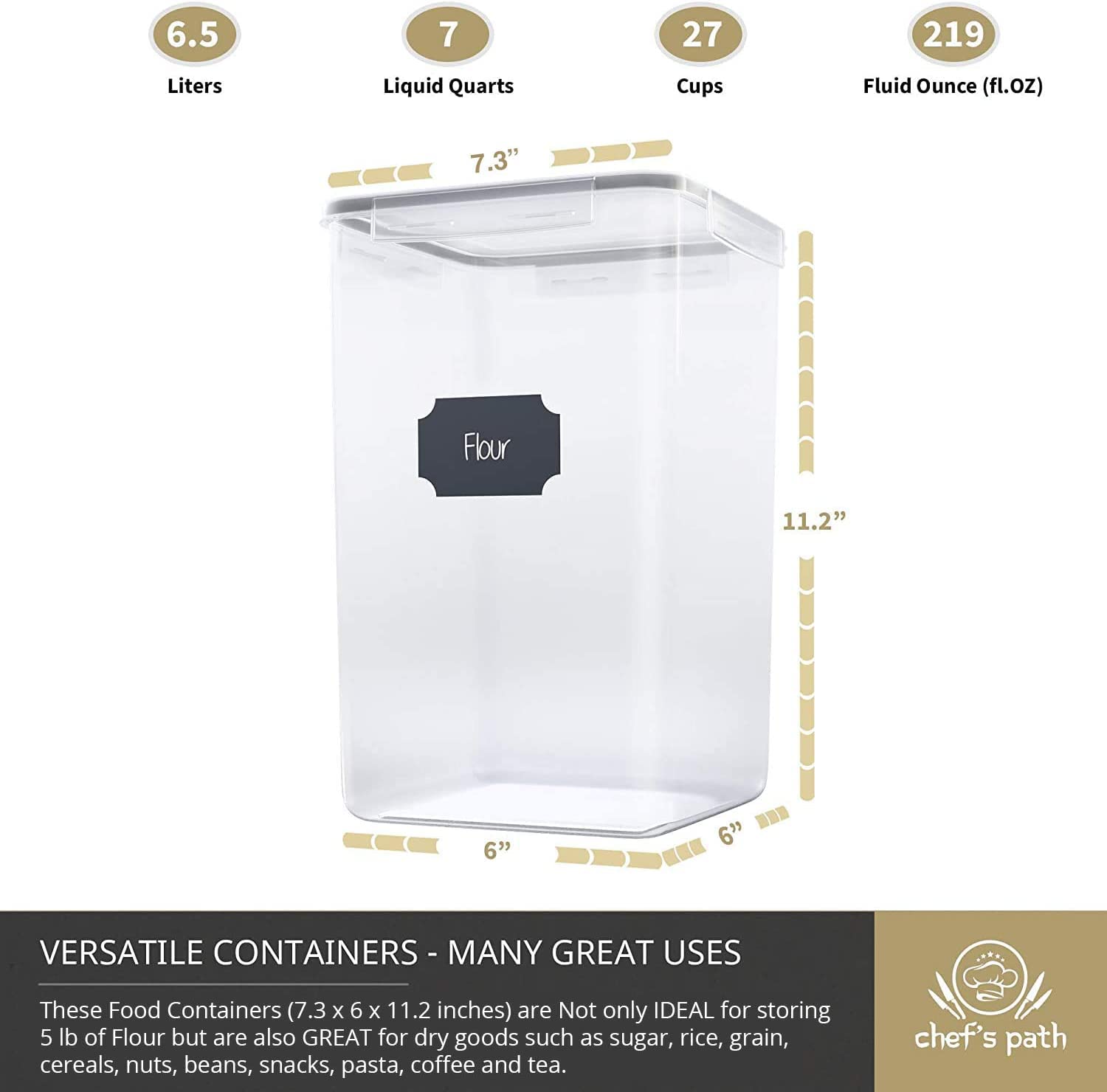 Chef's Path Extra Large Food Storage Containers (8 Pack) with Lids Airtight for Flour Sugar & Rice - Airtight Kitchen & Pantry Organization for Bulk Food Storage - with Markers Labels & Measuring Cups