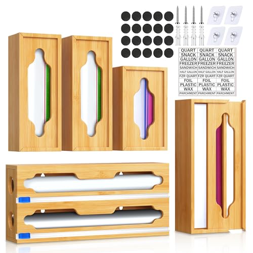 YITOBA 6 In 1 Bag Storage Organizer with Foil and Plastic Wrap Organizer, Extended Aluminum Foil Dispenser, Bamboo Baggie Organizer for Drawer, Sandwich Bag Organizer for Gallon, Quart, Snack
