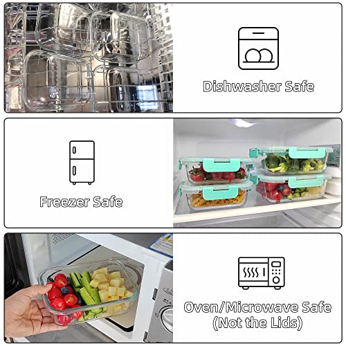 YANGNAY 10 Pack Glass Food Storage Containers with Airtight Lids, Leak-Proof Meal Prep Containers with Lids, Dishwasher/Microwave/Oven/Freezer Safe (Mint Green)