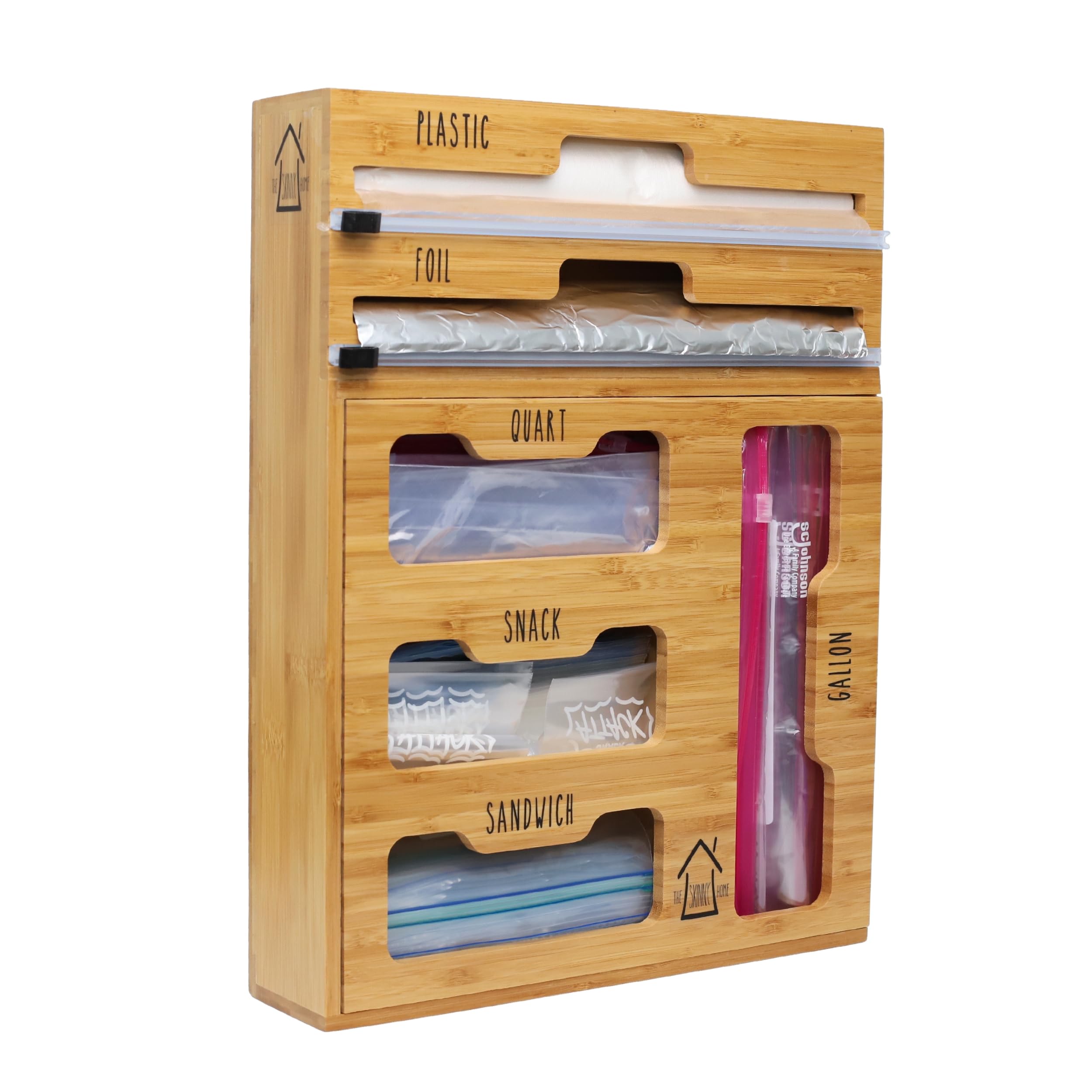 The Skinny Home - Ziploc bag's, plastic and foil dispenser; gallon, quart, sandwich and snack bags & 12" rolls. The perfect pantry solution for organized kitchen storage!