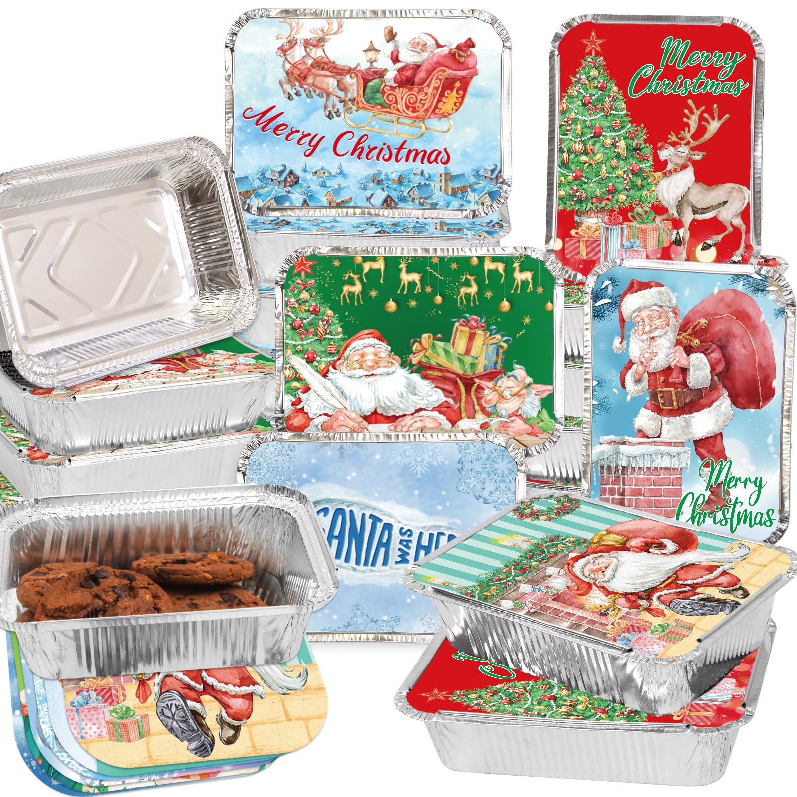 WorldBazaar Christmas Leftover Containers with Lids 36PCS Santa Christmas Aluminum Food Containers with Lids Disposable Watercolor Goodie Sacks Containers Winter Holiday Party Supply