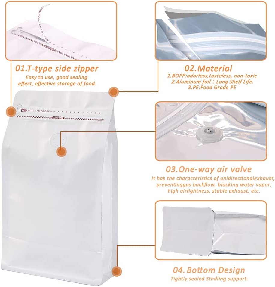 DMPACKDM Coffee Bags with Valve,(50pcs,8 oz/0.5 lb) Flat Bottom White Empty Aluminumed Foil Standing Heat Sealed Coffee Beans Storage Bags,Side Zipper Reusable Bags for Home or Store