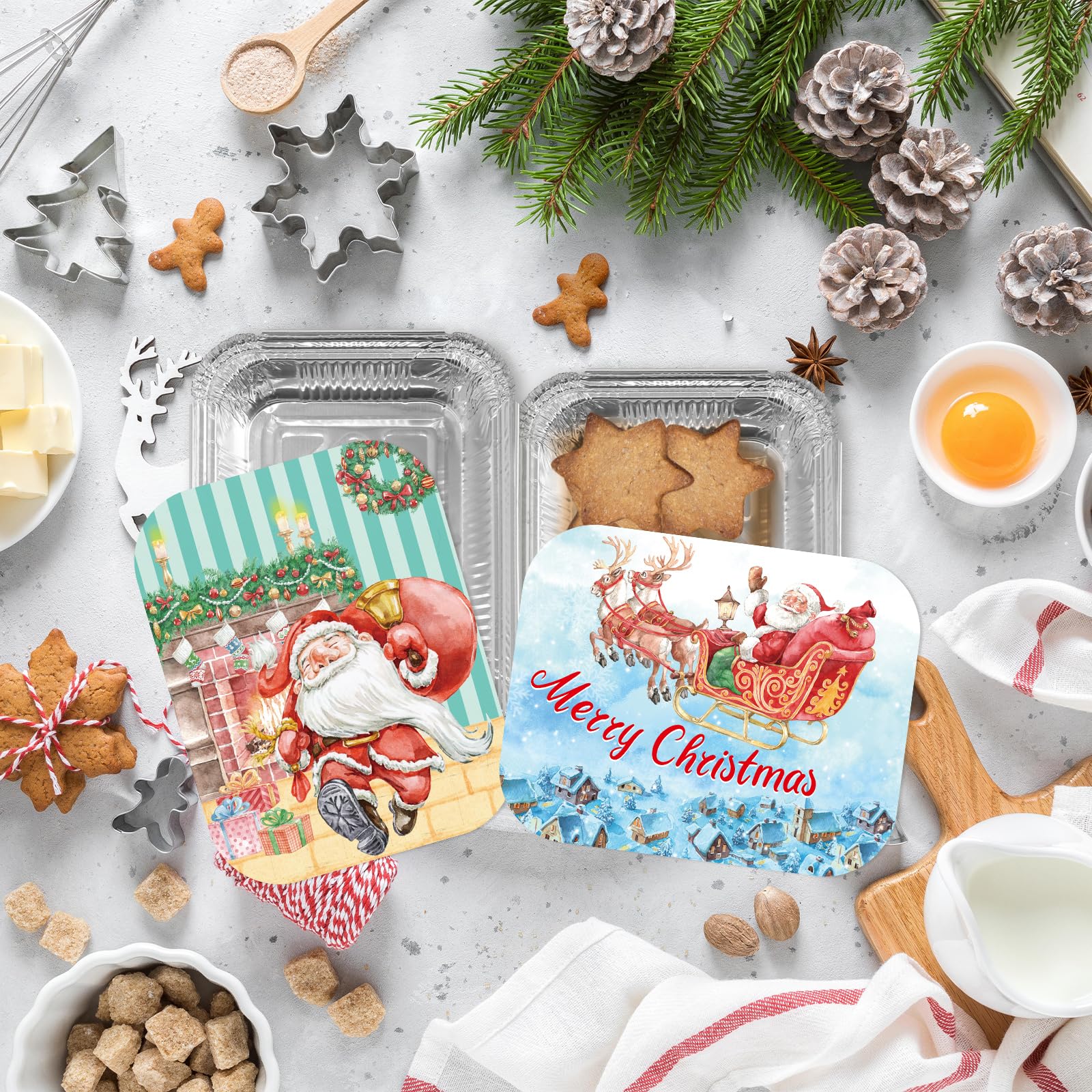 WorldBazaar Christmas Leftover Containers with Lids 36PCS Santa Christmas Aluminum Food Containers with Lids Disposable Watercolor Goodie Sacks Containers Winter Holiday Party Supply
