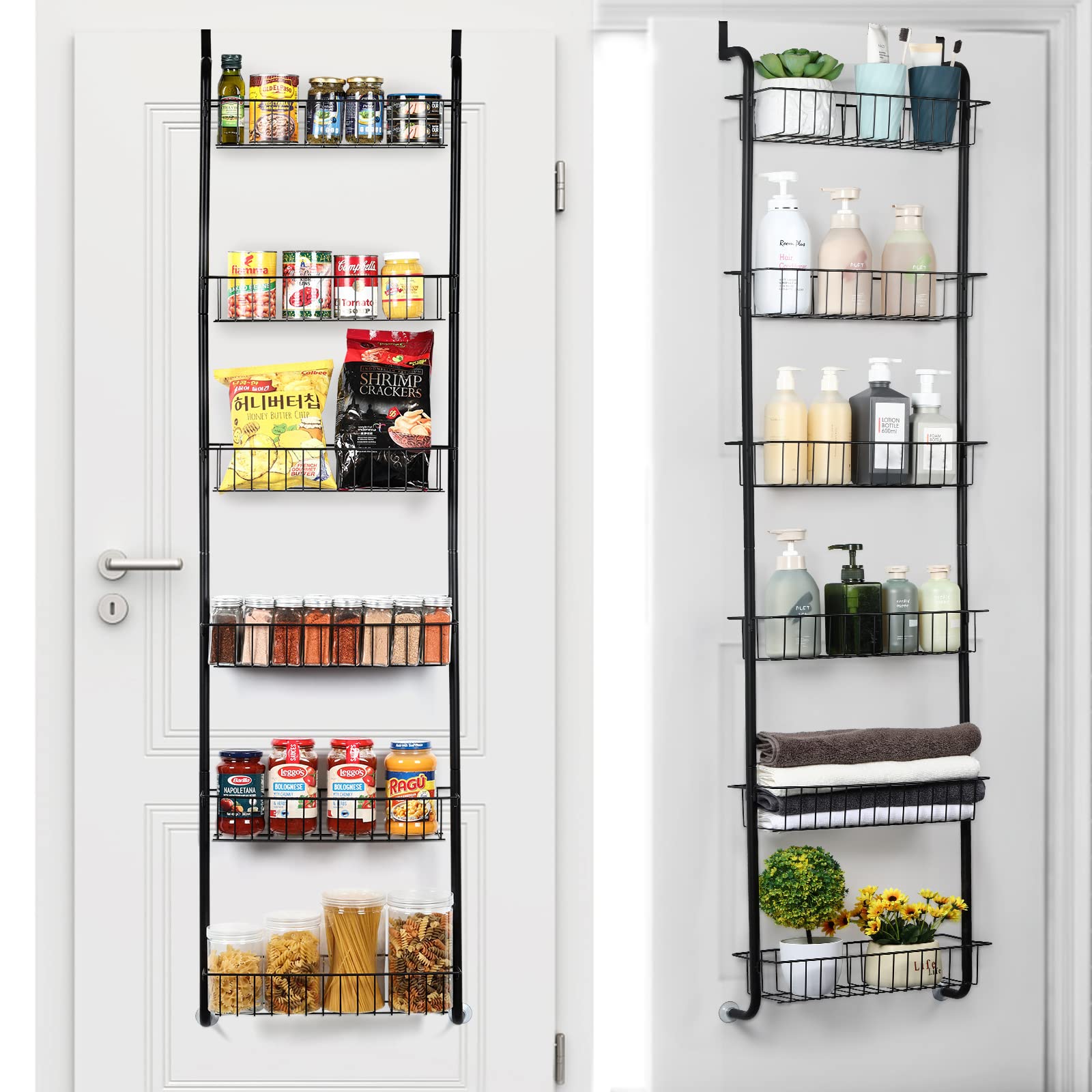 6-Tier Over the Door Pantry Organizer Rack, Hanging Storage Metal Rack with 6 Baskets, Door Organization Kitchen Spice Rack, for Kitchen Bathroom Bedroom(Black)