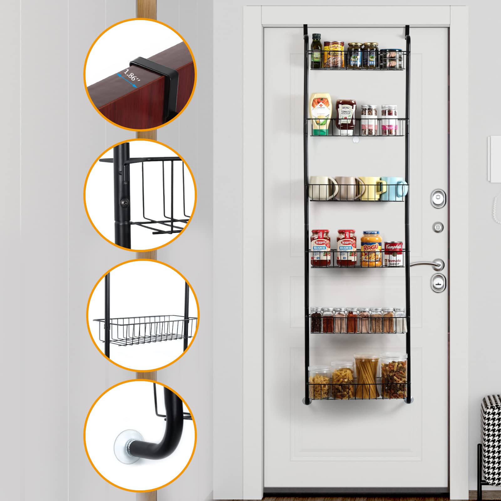 6-Tier Over the Door Pantry Organizer Rack, Hanging Storage Metal Rack with 6 Baskets, Door Organization Kitchen Spice Rack, for Kitchen Bathroom Bedroom(Black)