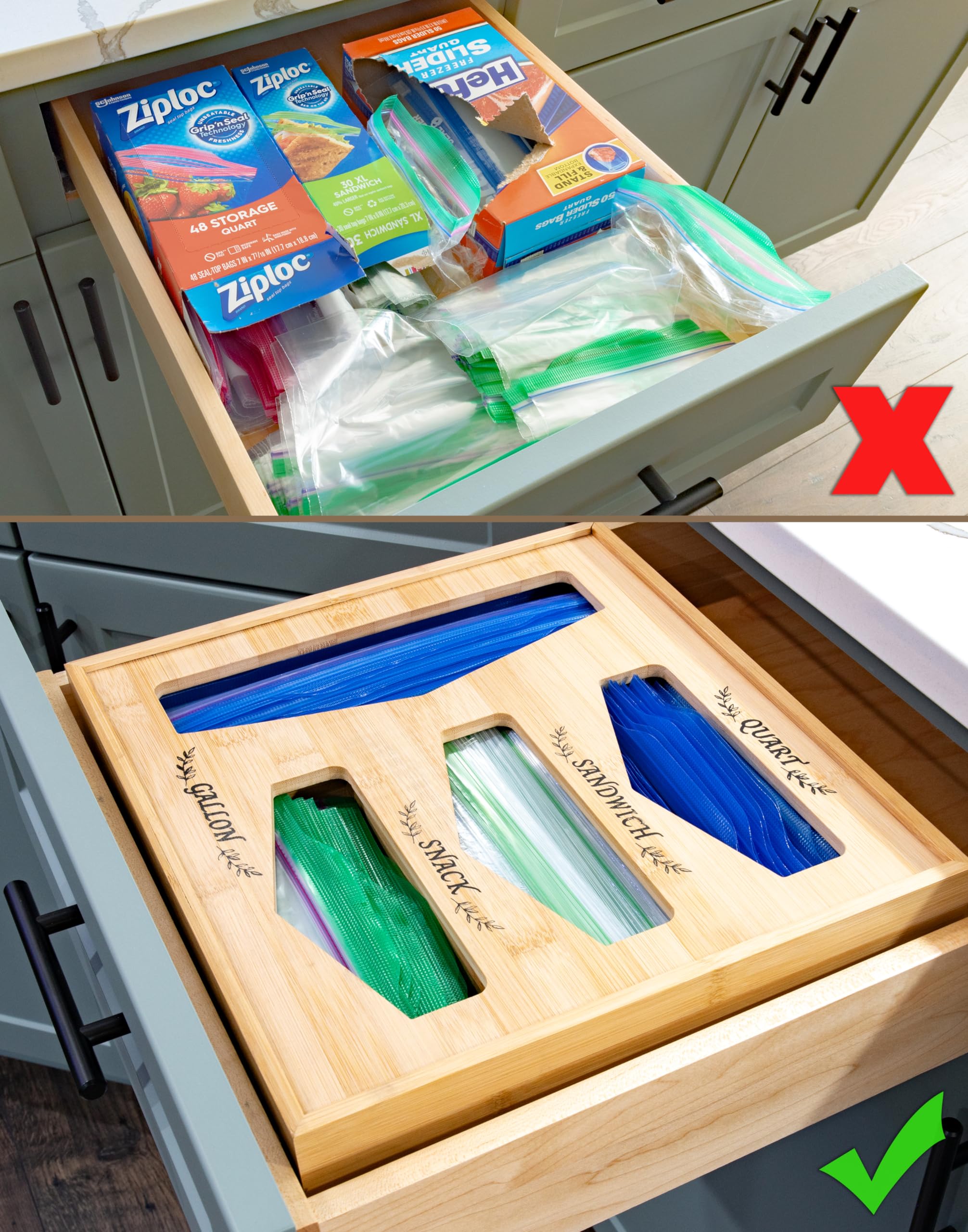 All-in-One Ziploc Bag Organizer for Kitchen Drawer | Space-Saving Storage Bag Holder | Easy Access Ziplock Organizer with Slide-Off Top | Perfect for Sandwich Bags, Quart, Snack, and Gallon Size
