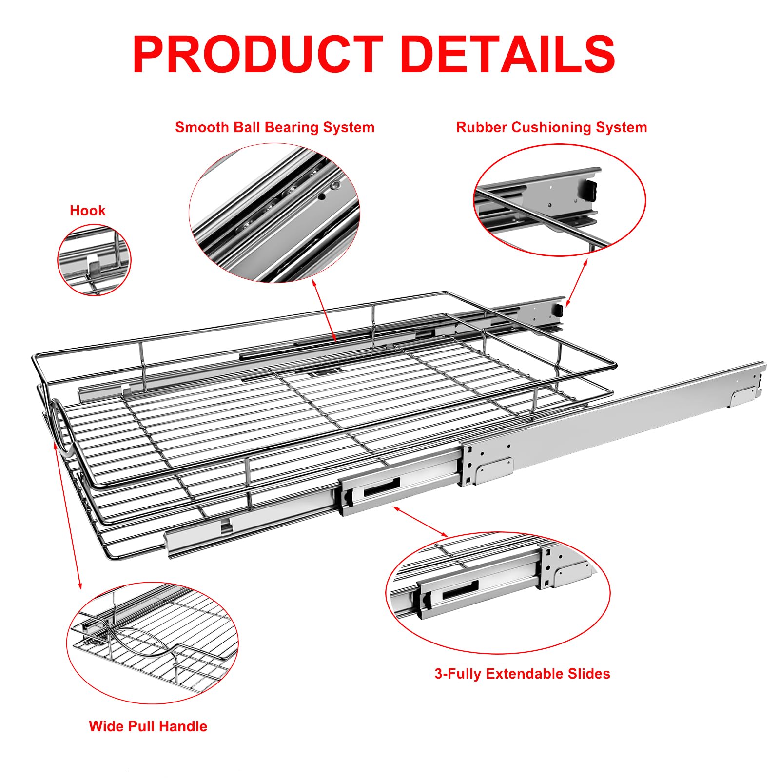 Sikarou Pull Out Cabinet Drawer Organizer, 14”W x 21”D - Requires At Least 15 Cabinet Opening, Heavy Duty Slide Out Shelves, Sliding Drawer Storage for Kitchen, Bathroom, Chrome Finish
