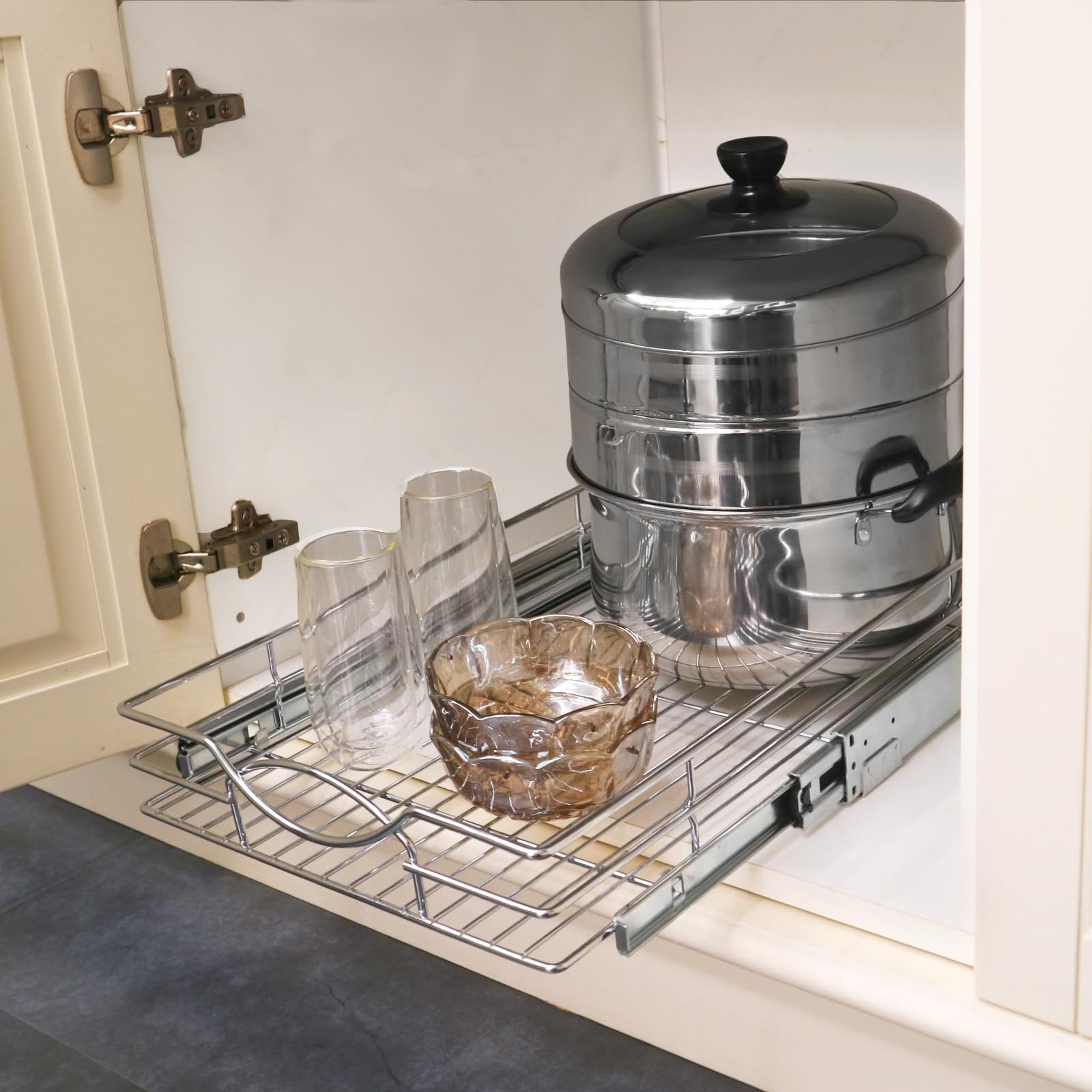Sikarou Pull Out Cabinet Drawer Organizer, 14”W x 21”D - Requires At Least 15 Cabinet Opening, Heavy Duty Slide Out Shelves, Sliding Drawer Storage for Kitchen, Bathroom, Chrome Finish