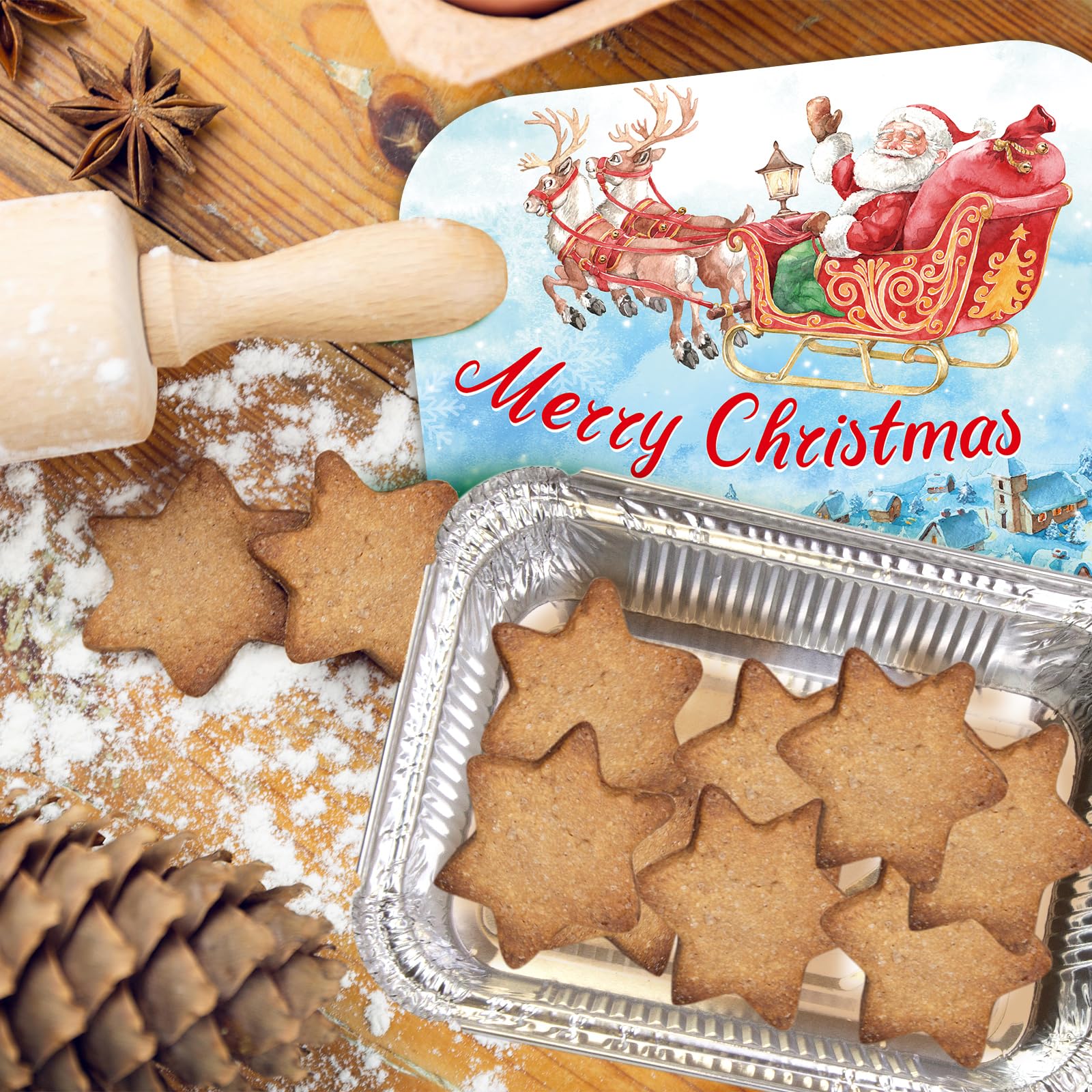WorldBazaar Christmas Leftover Containers with Lids 36PCS Santa Christmas Aluminum Food Containers with Lids Disposable Watercolor Goodie Sacks Containers Winter Holiday Party Supply