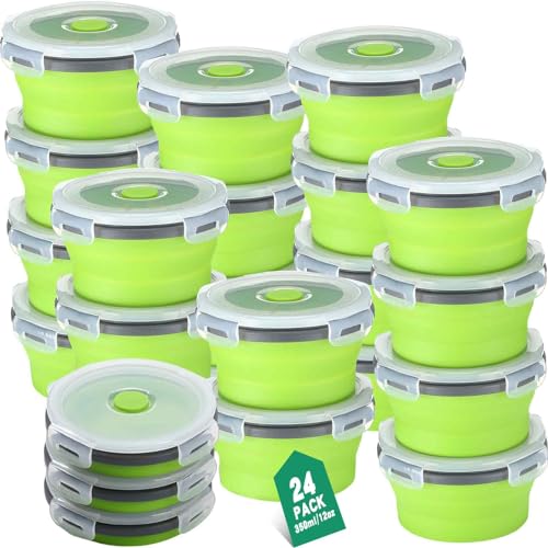 Jinei 24 Pcs Collapsible Food Storage Containers 12oz Silicone Round Collapsible Bowls Sets Foldable Silicone Lunch Box with Airtight Lid for Christmas Christian Charity Donation Supplies(Gray Green)
