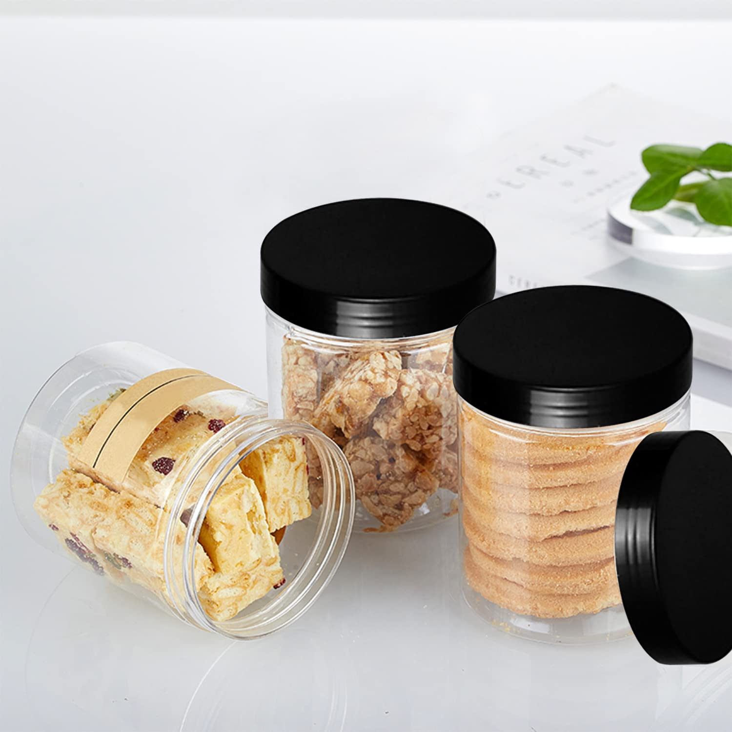 12oz Clear Plastic Storage Jars Containers,8 Pack Refillable Black Wide-Mouth Plastic Slime Storage Containers for Beauty Products,Kitchen & Household Storage - BPA Free