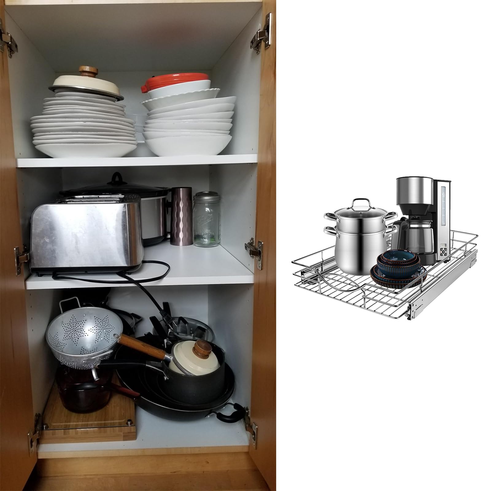 Sikarou Pull Out Cabinet Drawer Organizer, 14”W x 21”D - Requires At Least 15 Cabinet Opening, Heavy Duty Slide Out Shelves, Sliding Drawer Storage for Kitchen, Bathroom, Chrome Finish