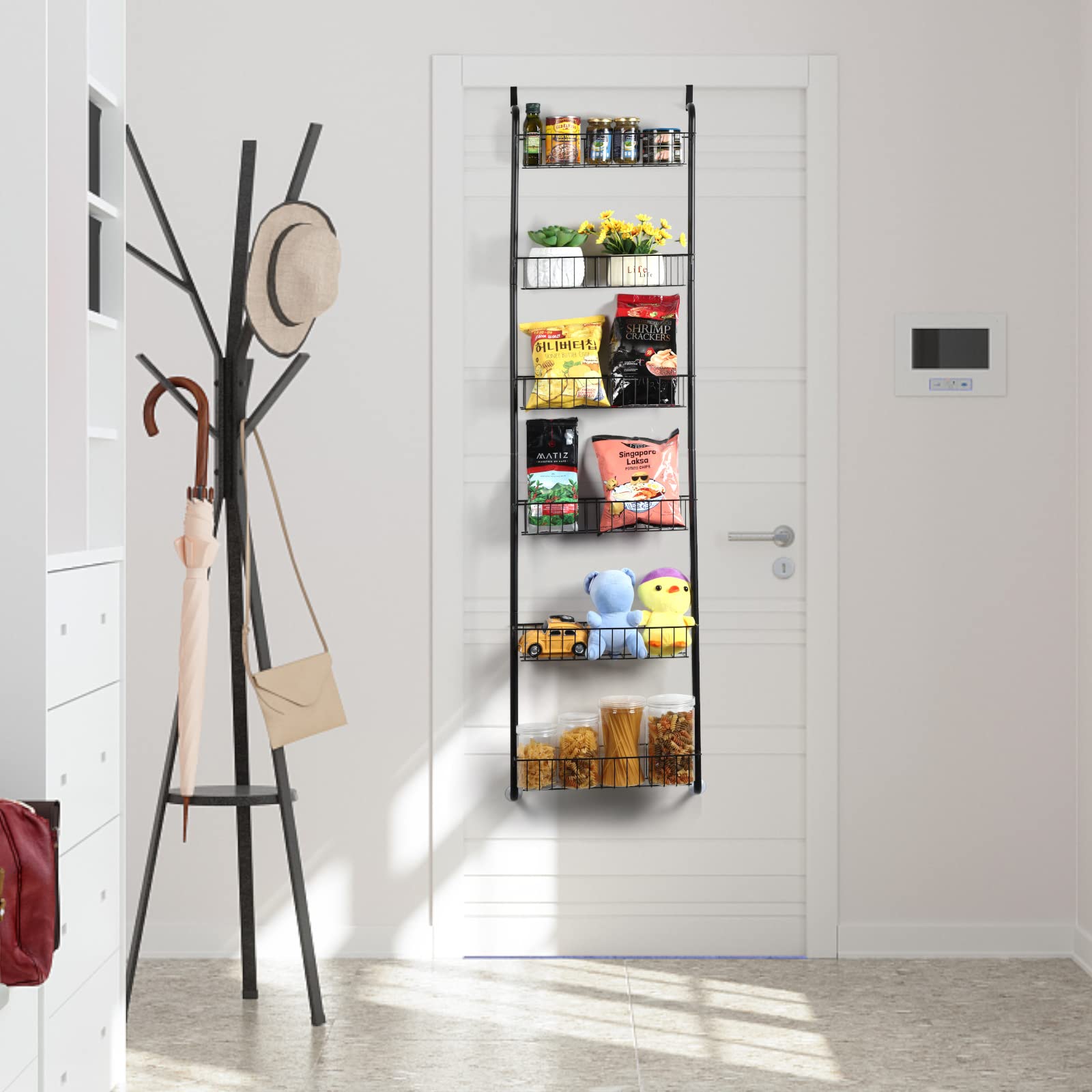 6-Tier Over the Door Pantry Organizer Rack, Hanging Storage Metal Rack with 6 Baskets, Door Organization Kitchen Spice Rack, for Kitchen Bathroom Bedroom(Black)