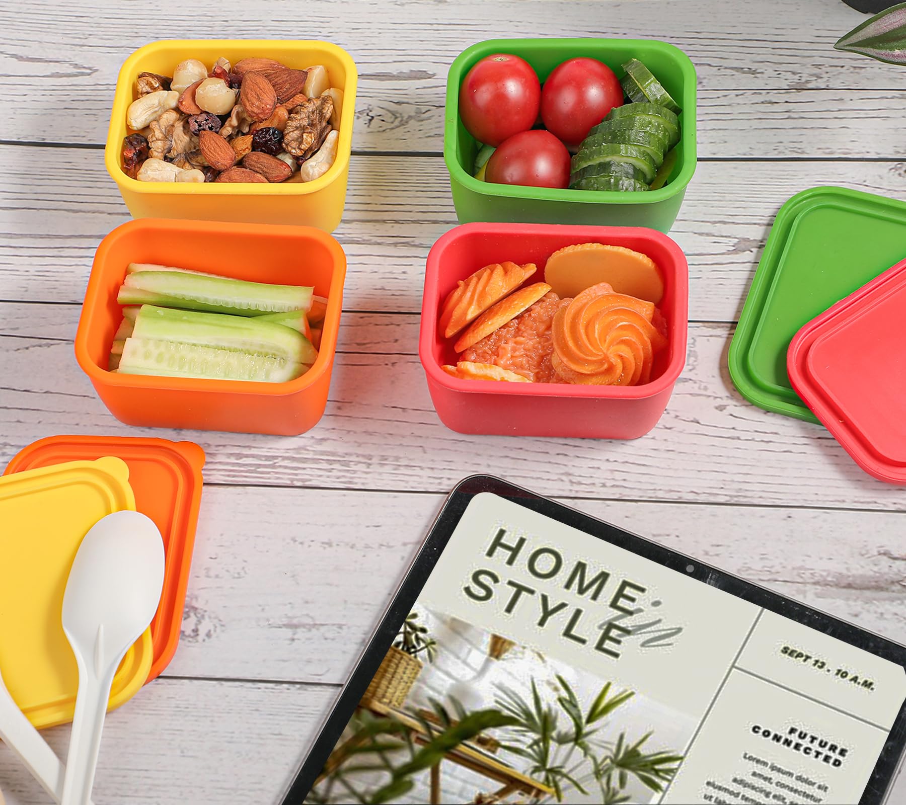 Webake Silicone Snack Containers with Lids, 6 Oz Food Containers Rectangle, Easy Open Leak Proof Lunch Box Containers for Office, Travel, Picnic (Pack of 4)
