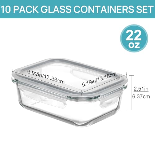 Vtopmart 10Pack 22oz Glass Food Storage Containers with Lids, Meal Prep Containers, Airtight Lunch Containers Bento Boxes with Snap Locking Lids for Microwave, Oven, Freezer and Dishwasher