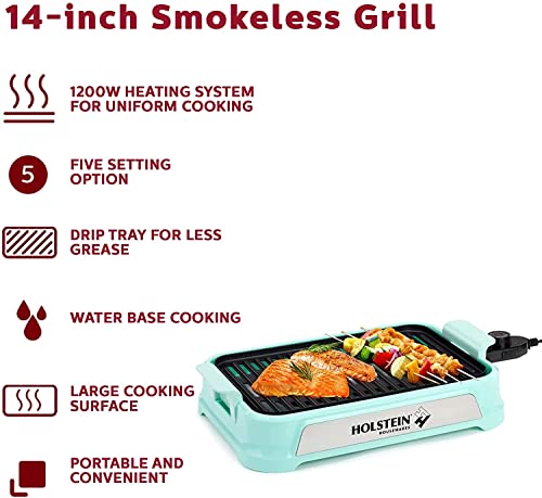 Holstein Housewares - 1200W 14 Inch Smokeless Grill, Mint - Convenient and User Friendly with Optimal Cooking HH-09114009I