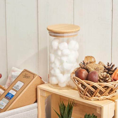EZOWare 4 x Storage Jars Containers Organizer with Airtight Bamboo Wood Lid for Food Preservation Tea Coffee Sugar Flour Beans, Borosilicate Glass – 700 ml