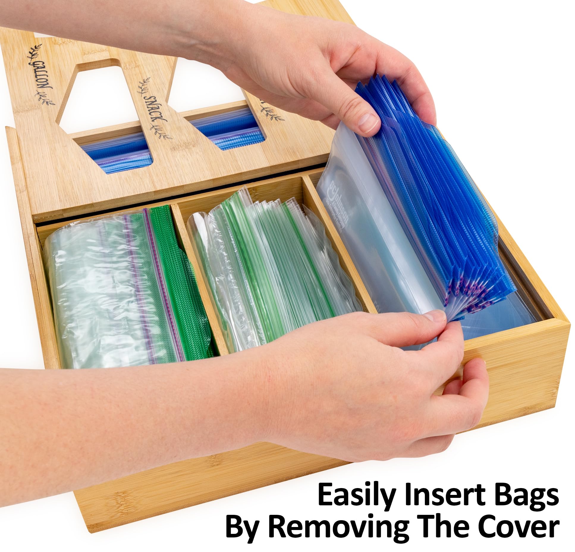 All-in-One Ziploc Bag Organizer for Kitchen Drawer | Space-Saving Storage Bag Holder | Easy Access Ziplock Organizer with Slide-Off Top | Perfect for Sandwich Bags, Quart, Snack, and Gallon Size