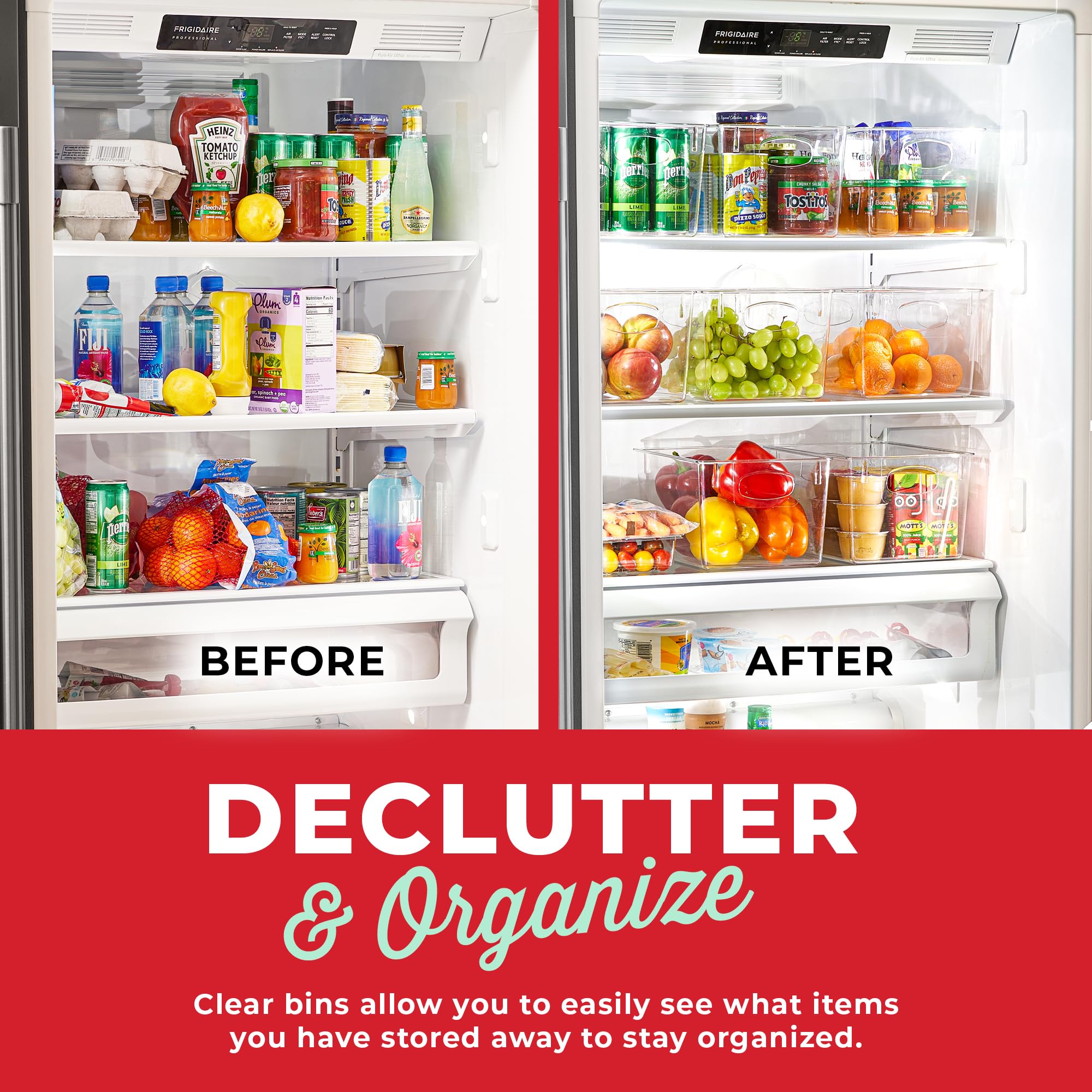 Clear Refrigerator Organizer Bins - Plastic Fridge Organizers - Storage Containers for Organizing Pantry, Cupboard, Cabinet, Freezer, Food, Fruit, Kitchen, Bathroom - Refrigerator Storage Bin set of 4