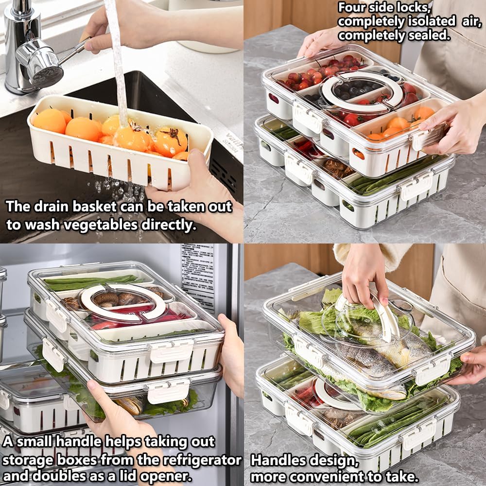 NEEMAY Refrigerator Organizer Box, Food Storage Container Fruit Storage Container for Fridge with 2 Drain Basket in One Container, Stackable Vegetable Strainers Box with Lid 1 Box/Set of White
