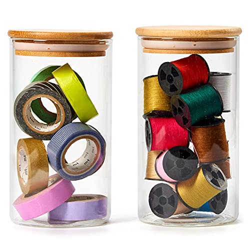 EZOWare 4 x Storage Jars Containers Organizer with Airtight Bamboo Wood Lid for Food Preservation Tea Coffee Sugar Flour Beans, Borosilicate Glass – 700 ml