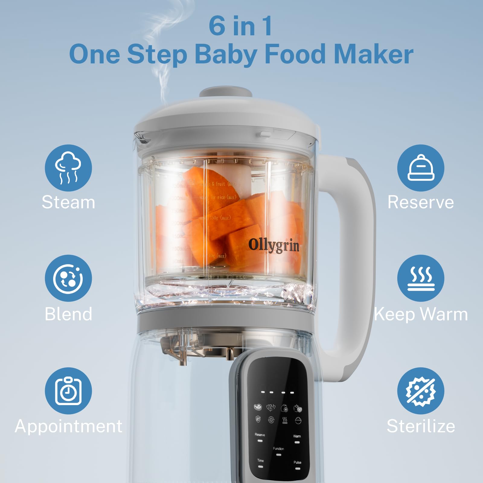 Ollygrin Baby Food Maker Steamer and Blender Baby Food Processor Puree Machine Baby Steamer Blender Food Processor One Step Baby Food Maker Chopper Grinder Auto Cooking Grinding Touch Screen White