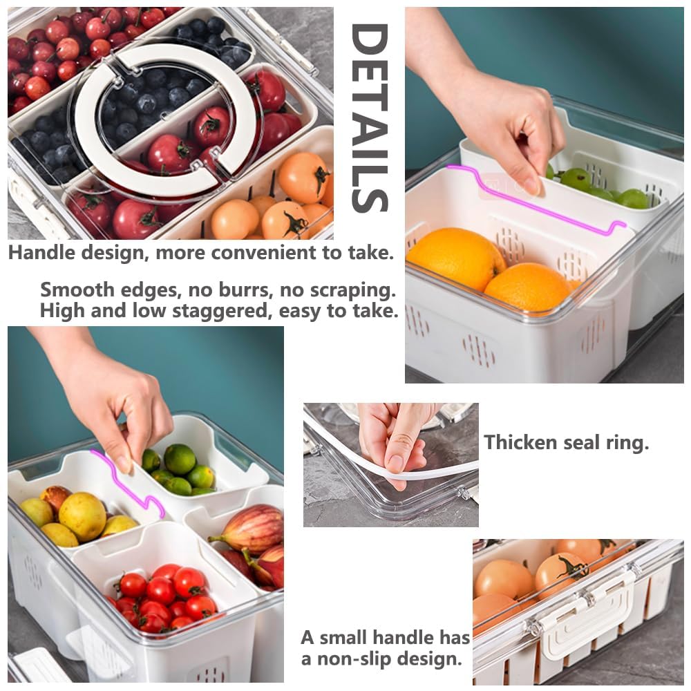 NEEMAY Refrigerator Organizer Box, Food Storage Container Fruit Storage Container for Fridge with 2 Drain Basket in One Container, Stackable Vegetable Strainers Box with Lid 1 Box/Set of White