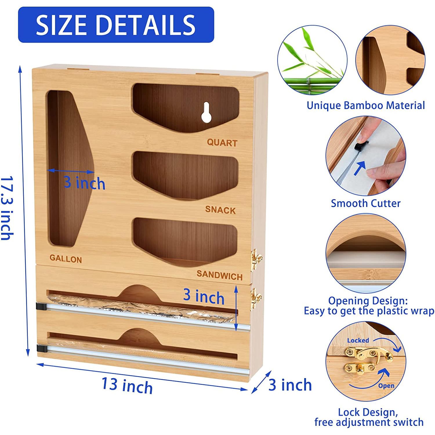 ZZ LIFE 6-in-1 Kitchen Drawer Organizer - Foil and Plastic Wrap Dispenser with Cutter, Ziplock Bag Storage for Gallon, Quart, Sandwich, and Snack Sizes - Organized Bamboo Storage For Home and Kitchen