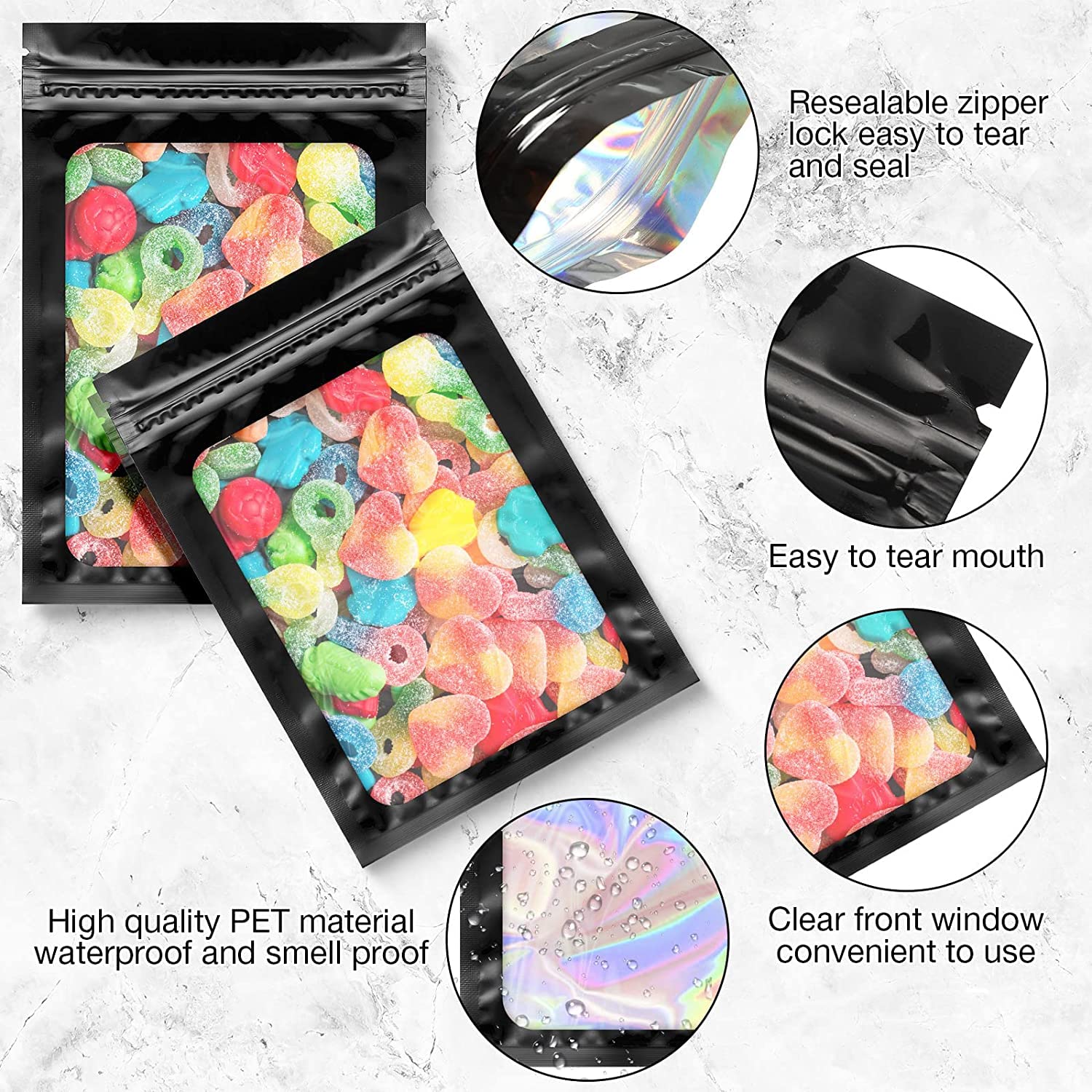 100 Pieces Smell Proof Bags Holographic Piecesaging Bags Storage Bag with Clear Window for Food Storage (Black Color, 5.5x7.9 Inch)